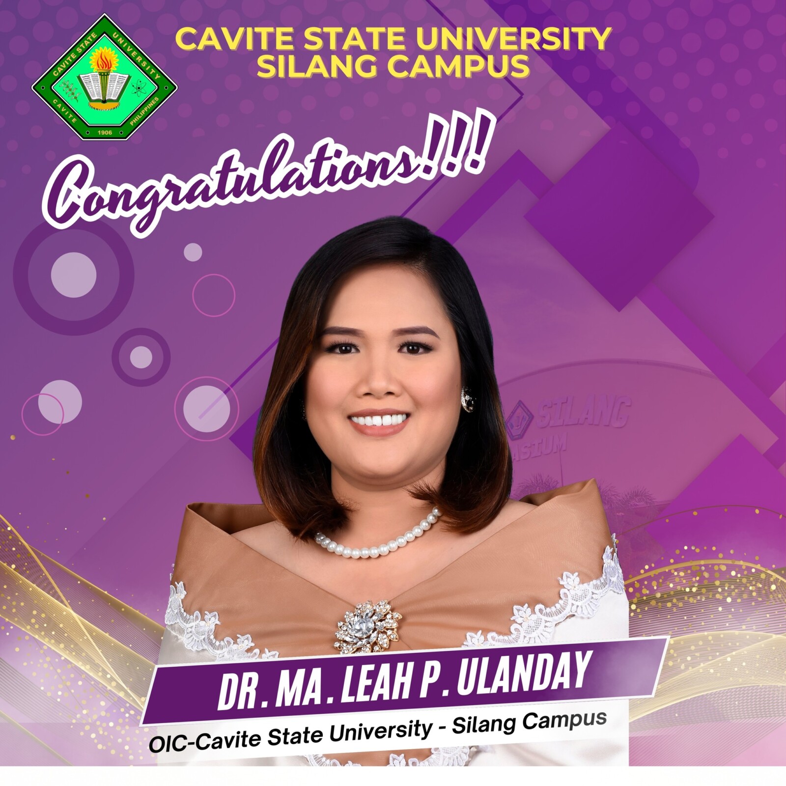 Congratulations, Dr. Ma. Leah P. Ulanday, on your designation as the new OIC of CvSU-Silang ...